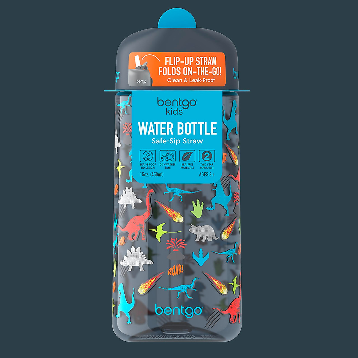 Bentgo Kids Water Bottle - Leak-Proof, Durable Tritan, BPA-Free 15 oz. Cup for Kids/Toddlers Ages 3+, Safe Sip Spout, Carrying Handle, & Dishwasher Safe for School, Sports, Daycare & Camp (Dinosaur)