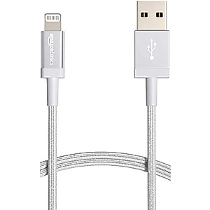 Amazon Basics Nylon USB-A to Lightning Cable Cord, MFi Certified Charger for Apple iPhone 14 13 12 11 X Xs Pro, Pro Max, Plus, iPad, Silver, 3-Ft