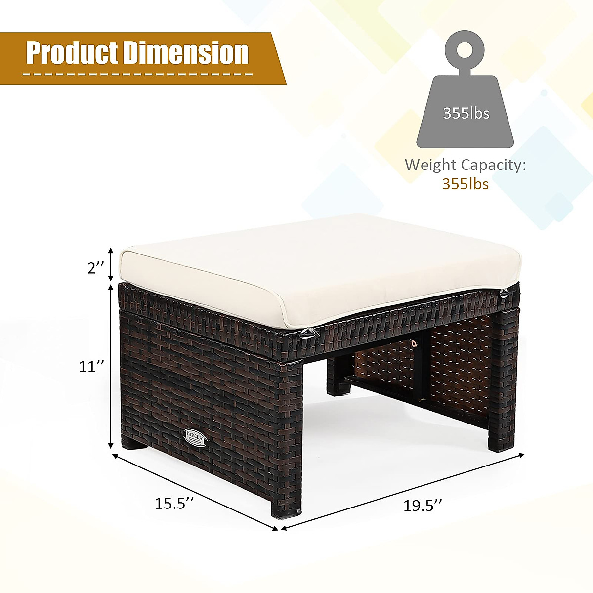 Tangkula 2 Pieces Patio Rattan Ottomans, All Weather Outdoor Footstool Footrest Seat with Soft Cushion, Hidden Zipper, High-Density Sponge, Wicker Ottoman Seat for Patio, Garden, Poolside (White)