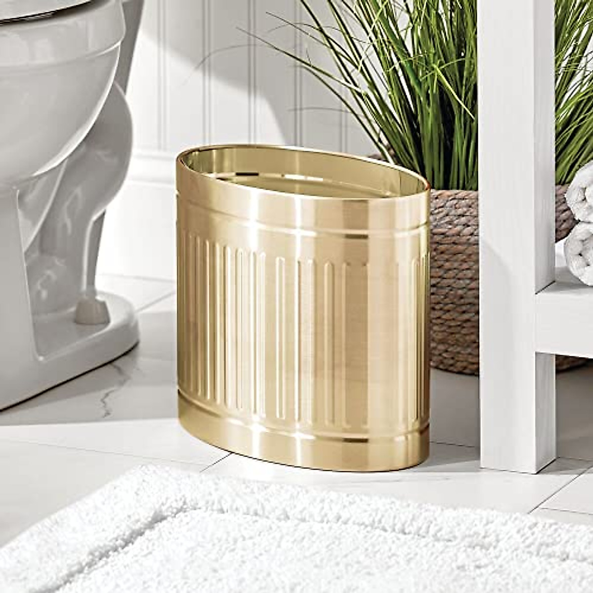 mDesign Slim Oval Steel Metal 2.25 Gallon/8.5 Liter Trash Can Wastebasket, Garbage Bin for Bathroom, Kitchen, Bedroom, Office - Hold Trash, Refuse, Garbage, Recycling, Oscar Collection, Soft Brass