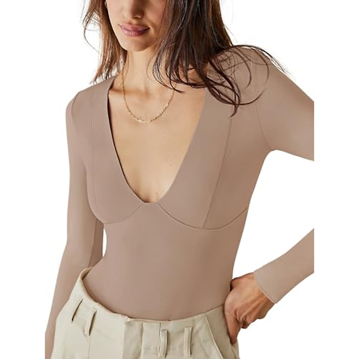 Adreamly Women's Sexy Deep V-Neck Double Lined Body Suit Tops Long Sleeve Slim Fit Lightweight Thong Bodysuits Khaki Small