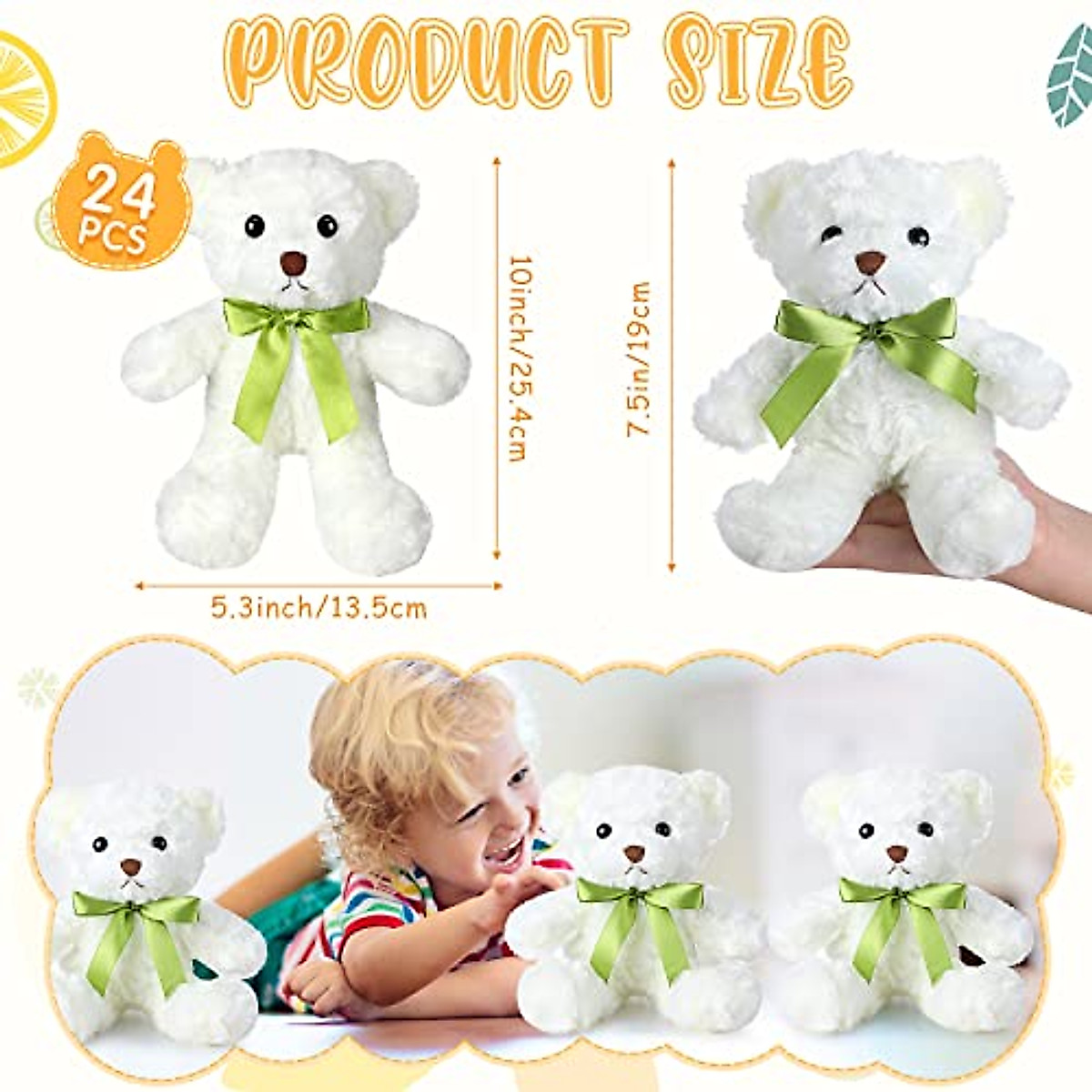 Hungdao 24 Pcs Bear Bulk Plush Stuffed Animals 10 Inch Cute Soft Stuffed Bear with Green Bow for Baby Shower Birthday Party Gift (White)