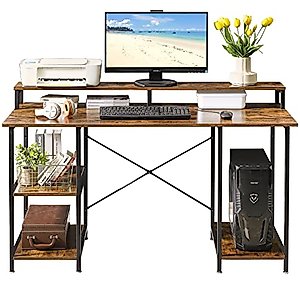 IBUYKE 55" Computer Desk, Office Table, Gaming Workstation with Storage Shelves/Monitor Stand, Study Table for Home Office, Space-Saving, Easy to Assemble, Rustic Brown and Black UTMJ056H