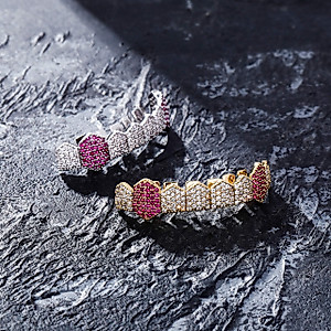 JINAO Silver Bottom 8 Teeth Grillz for Your Teeth 18K Gold Plated Iced Out Cubic Zirconia Fake Diamond Hip Hop Mouth Grill for Women Men(White Gold Pink)