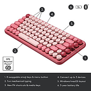 Logitech POP Mechanical Wireless Keyboard with Customizable Emoji Keys, Durable Compact Design, Bluetooth or USB Connectivity, Multi-Device, OS Compatible - Heartbreaker Rose