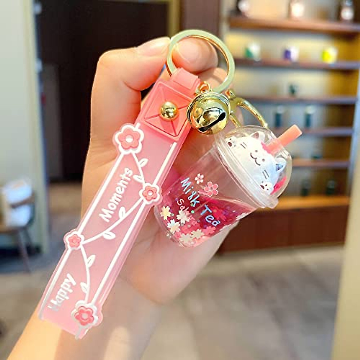 Sunfans Girls Women Keychain, Summer Beautiful Flower Milk Tea Bubble Tea Lucky Fortune Cat Cup Moving Sand Liquid Keyrings, Acrylic Car Key Chain Key Ring Bag Pendant Key Holder Wrist Strap -Pink