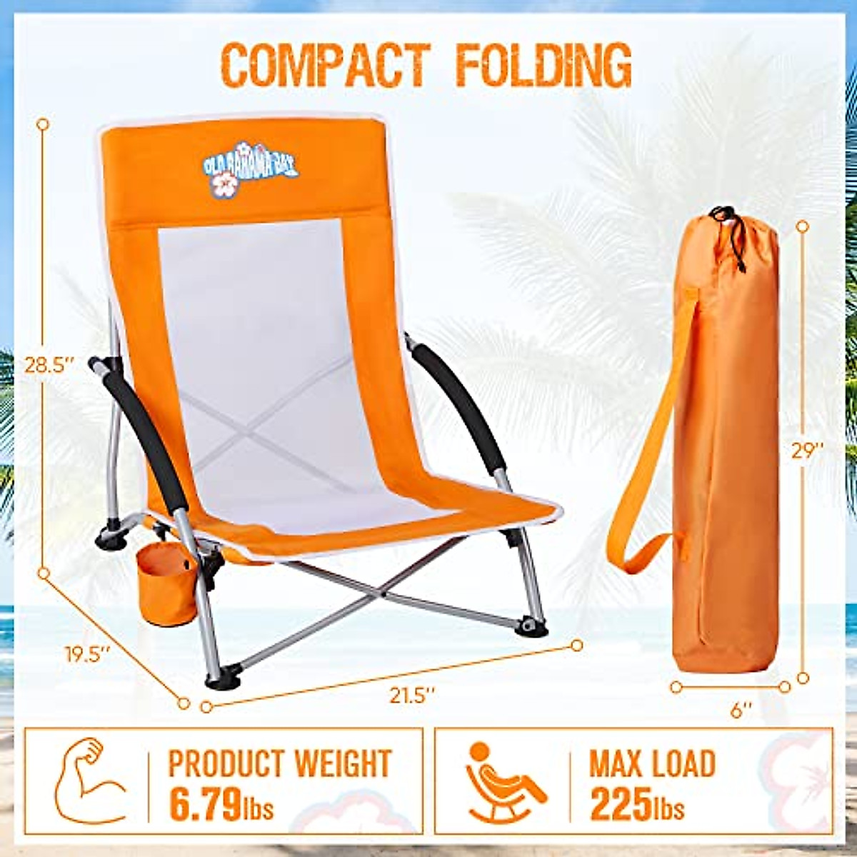 Old Bahama Bay Low Beach Camping Folding Chair with Cup Holder & Carry Bag Compact & Heavy Duty for Outdoor, Camping, BBQ, Beach, Travel, Picnic, Concert(Qrange)
