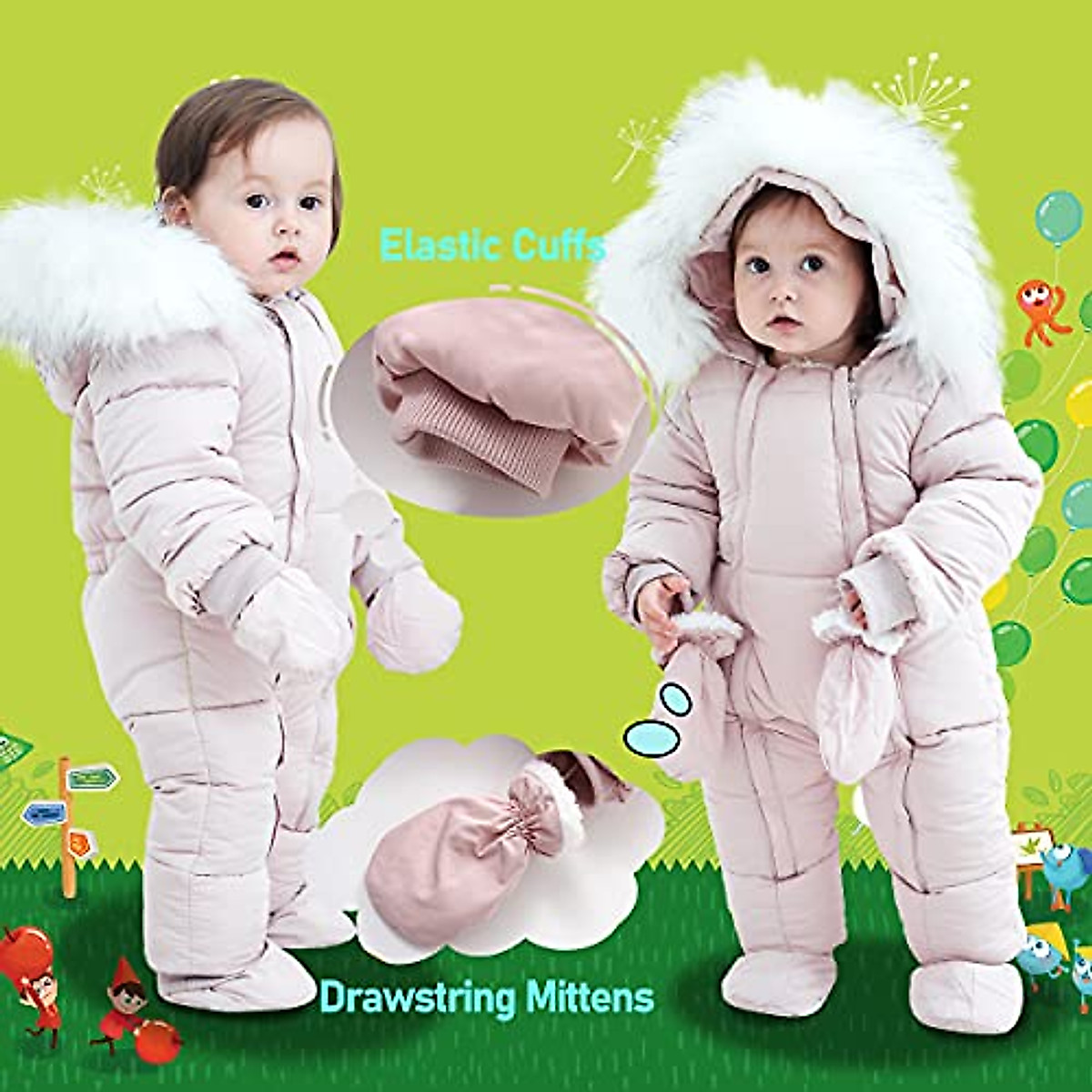 Baby Girls Winter Snowsuit Thicken Onesie Fleece Hooded Long Sleeve Down Coat Newest Baby Romper for 18-24 Months Girls Pink（A1）