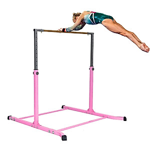 Athletic Bar Kids Gymnastics Horizontal Kip Bar with 6 FT x 4 FT Tumble Mat and Balance Beam Full Set, Adjustable 3 to 5 FT Gymnastic Junior Training Bar for Gymnasts Children, Fiberglass Rail (Pink)