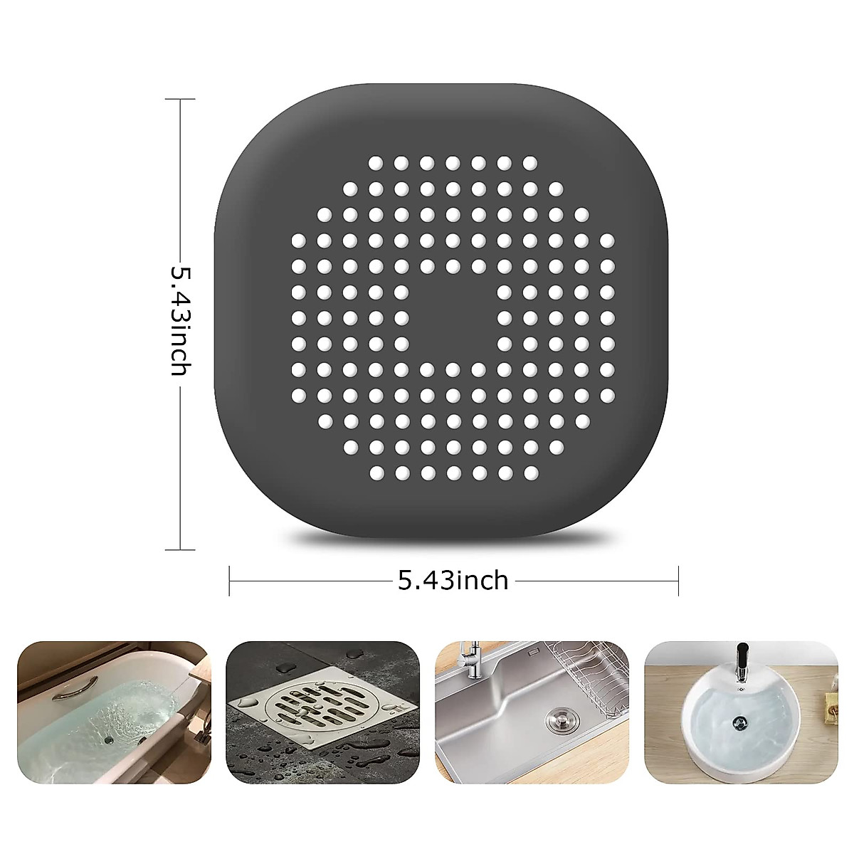 Hair Catcher Shower Drain, Drain Durable TPR Silicone Square 5.5 Inch Flat Hair Stopper Drain Cover with Suction Cups Easy to Install Hair Stopper Suit for Bathroom,Bathtub,Kitchen, 3 Pack (Black)