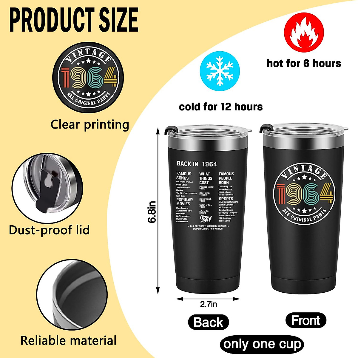 60th Birthday Gifts for Men Women Friends, Tumbler 20 oz Stainless Steel Vacuum Insulated Tumblers, Double Sided Printed Birthday Thermos cup, Back in 1964 Old Time Information - Black
