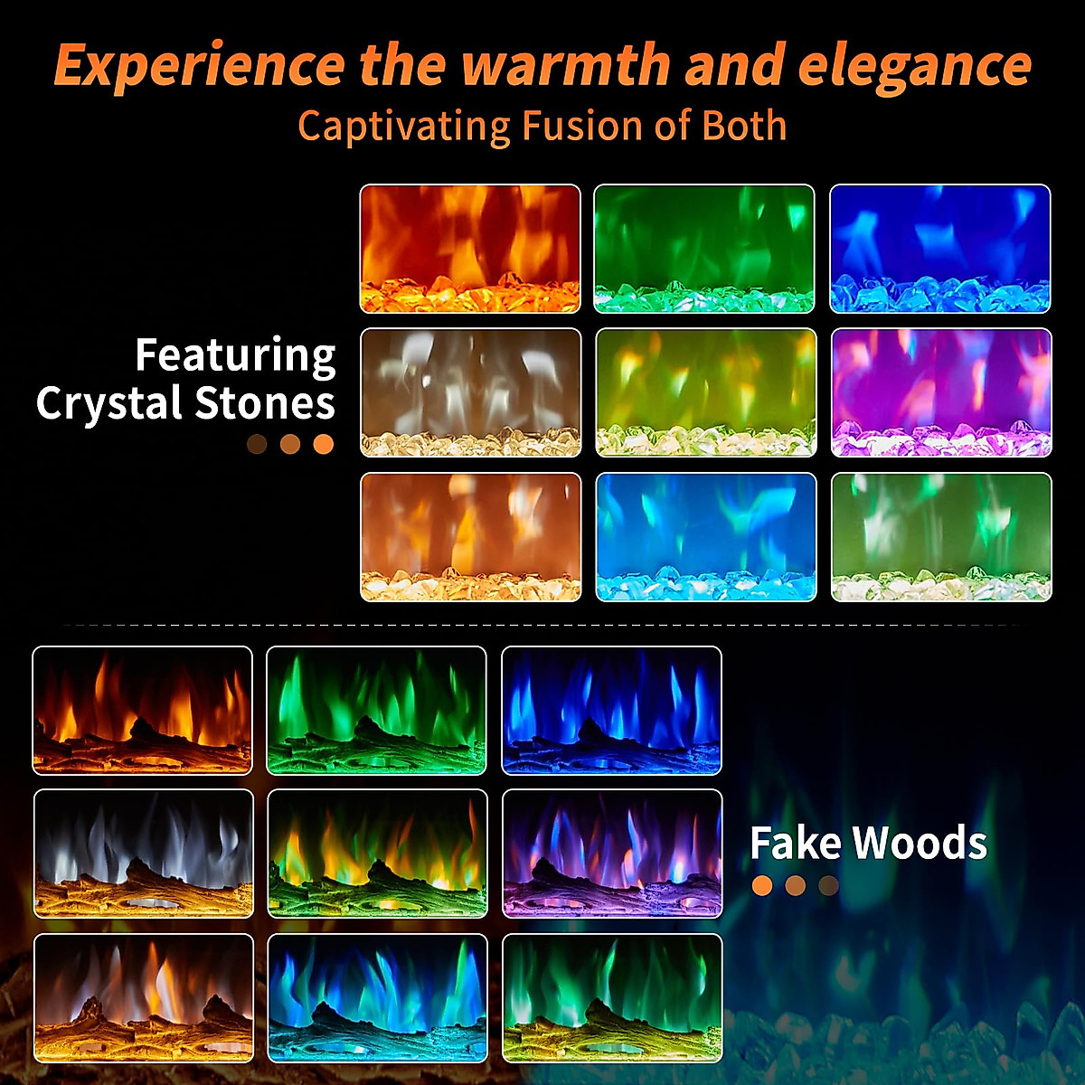 LUXOAK 60" 3 Sided Electric Fireplace of Tempered Glass Panels & Log and Crystal, Fireplace Heater with 9 Flame Colors & 5 Brightness Levels & 2 Power Modes, Noisy Free, Recessed, Black