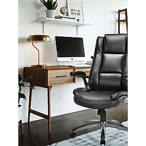 COLAMY Office Chair High Back Leather Desk Chair, Flip-up Arms Adjustable Swivel Executive Chair Thick Padding for Comfort and Ergonomic Design for Home Office, Black