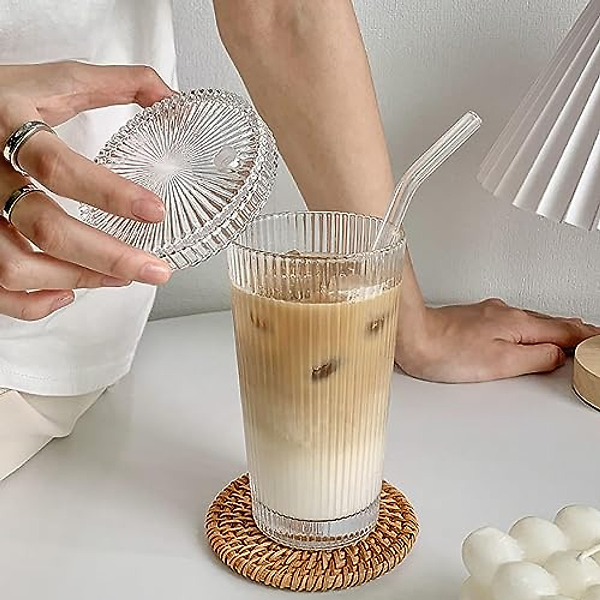 YAHUIPEIUS Glass Tumbler Stripe Glass Cup Coffee Cup With Lid and Straw Drinking Glasses for Water,Iced Coffee,Milk,Tea,Juice (A-Stripe)