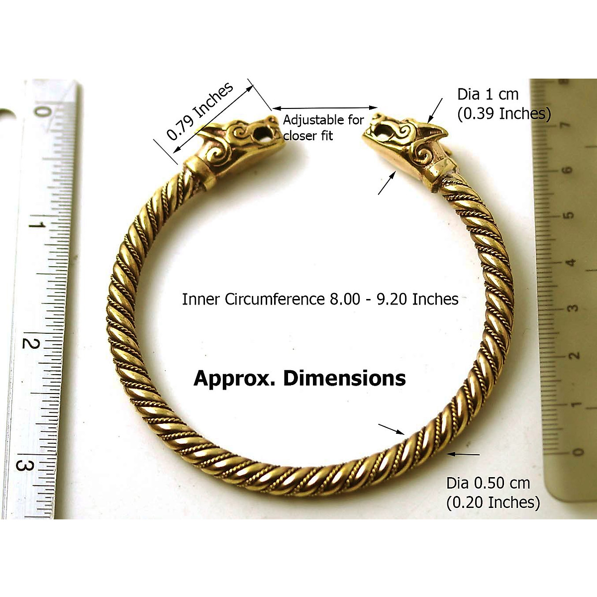 LynnAround Bronze Norse Nordic Viking Fenrir Wolf Head Twisted Cable Bangle Cuff Bracelet Arm Ring Pagan Jewelry (8 Inches)