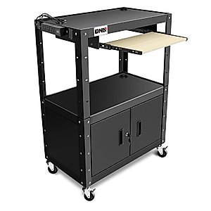 DNA MOTORING Steel AV Cart with Extra Storage Cabinet, 30.8" x 18" x 22"-42" Height Adjustable Rolling Projector Utility Cart, TOOLS-00293