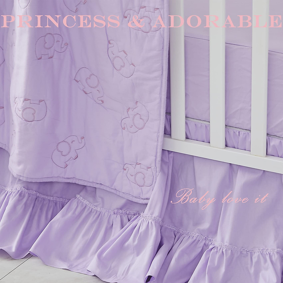 Brandream Crib Bedding Sets for Girls with Purple Elephant Embroidery 100% Washed Pure Cotton Baby Nursery Bedding Set 3 Pieces
