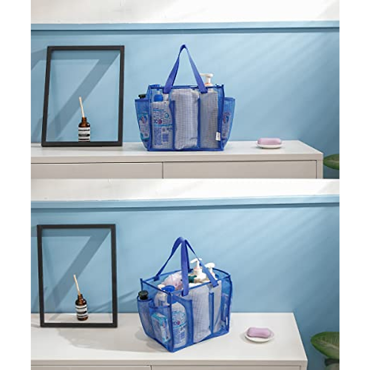 Jelier Mesh Shower Caddy Tote Basket,Hanging Portable Toiletry Bag for Bathroom Accessories (blue)