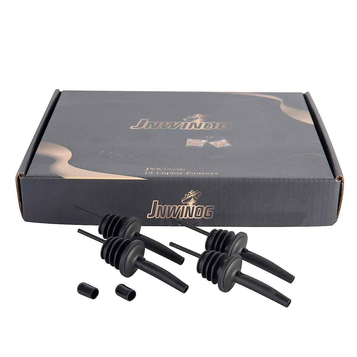JNWINOG 12 Pack Liquor Pourers Stainless Steel Gold Classic Bottle Pourers Tapered Spout Liquor Bottle Pourers for Alcohol, Olive Oil Dispenser Spout with Rubber Cap (Matte Black)