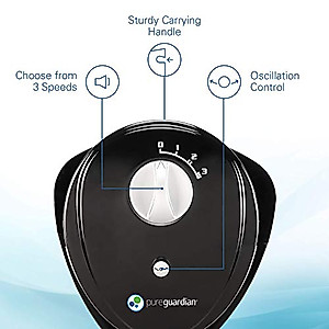 Pure Guardian TF2113B 29" 3-Speed Oscillating Tower Fan, Full Room Coverage, Quickly Cools with Quiet Operation, Space-Saving and Lightweight Design, PureGuardian, Black