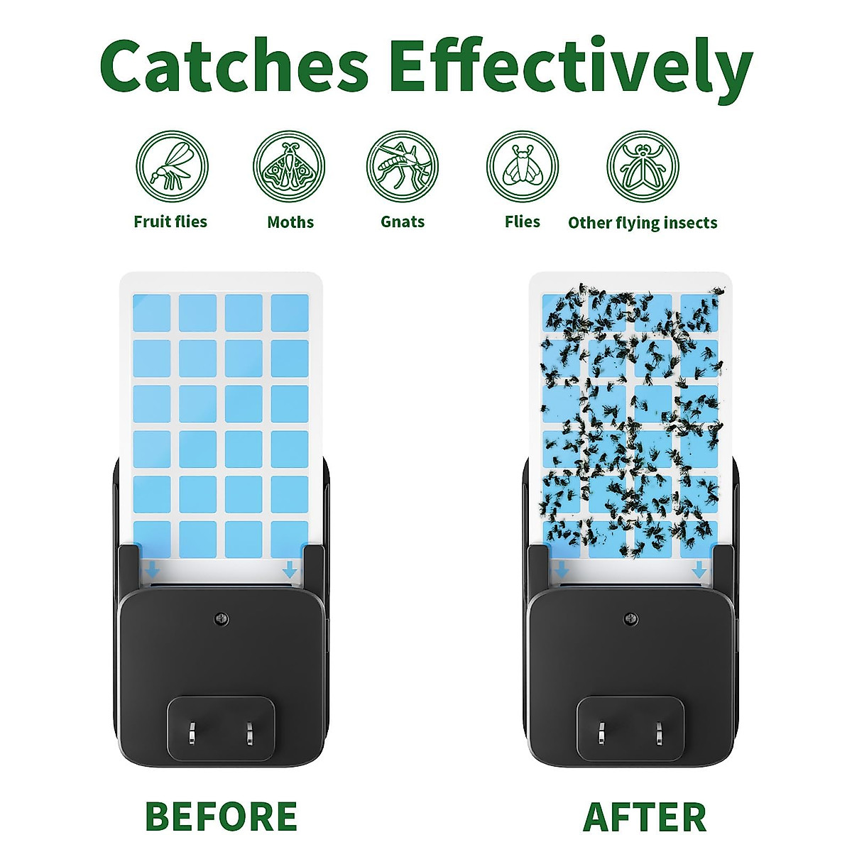 Indoor Plug-in Fly Trap - Flying Insect Trap for Flies, Mosquitoes, Moths, Rodent，Mouse，Mice - Safe & Effective - 3 Device(Black) + 15 Glue Boards