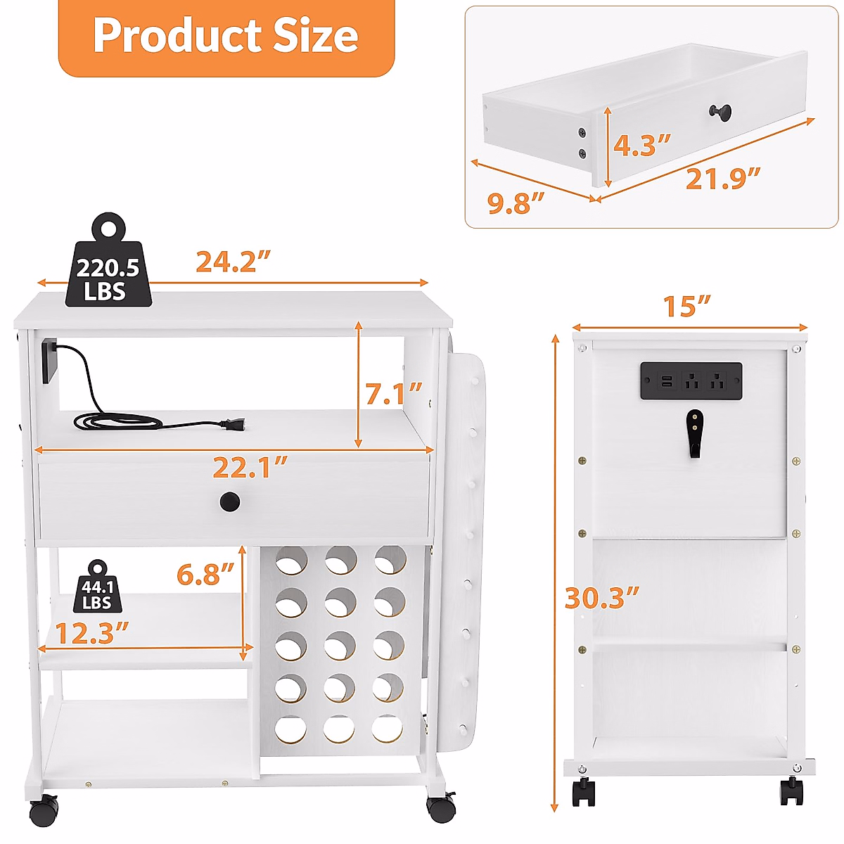 SEPTBOT Rolling Craft Storage Cart with Power Outlet and 23 Vinyl Roll Holders, Craft Rolling Storage Organizer Compatible with Cart Machines, Craft Organization and Storage Cart for Home Office