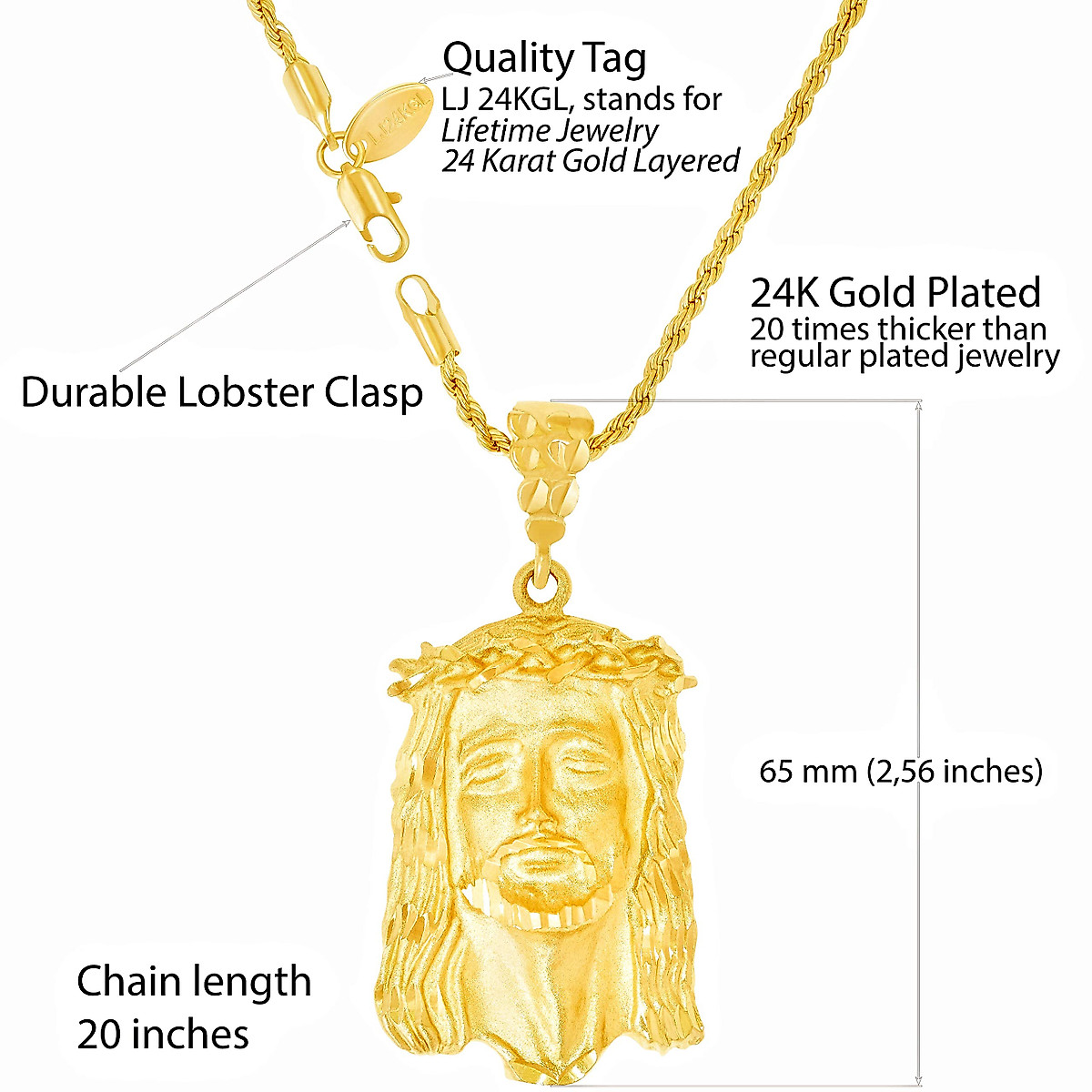 LIFETIME JEWELRY Face of Christ Pendant Necklace for Women & Men 24k Real Gold Plated
