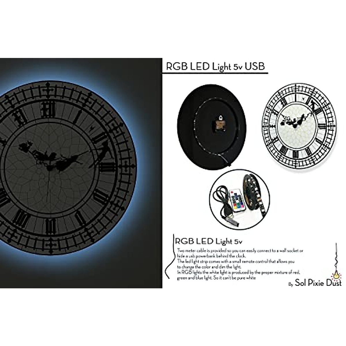 Reverse Wall Clock - Alice Hookah Smoking Caterpillar - Round Funny Clock - Backwards running Time - Counterclockwise Wall Clock - Optional RGB LED 5V Backlit