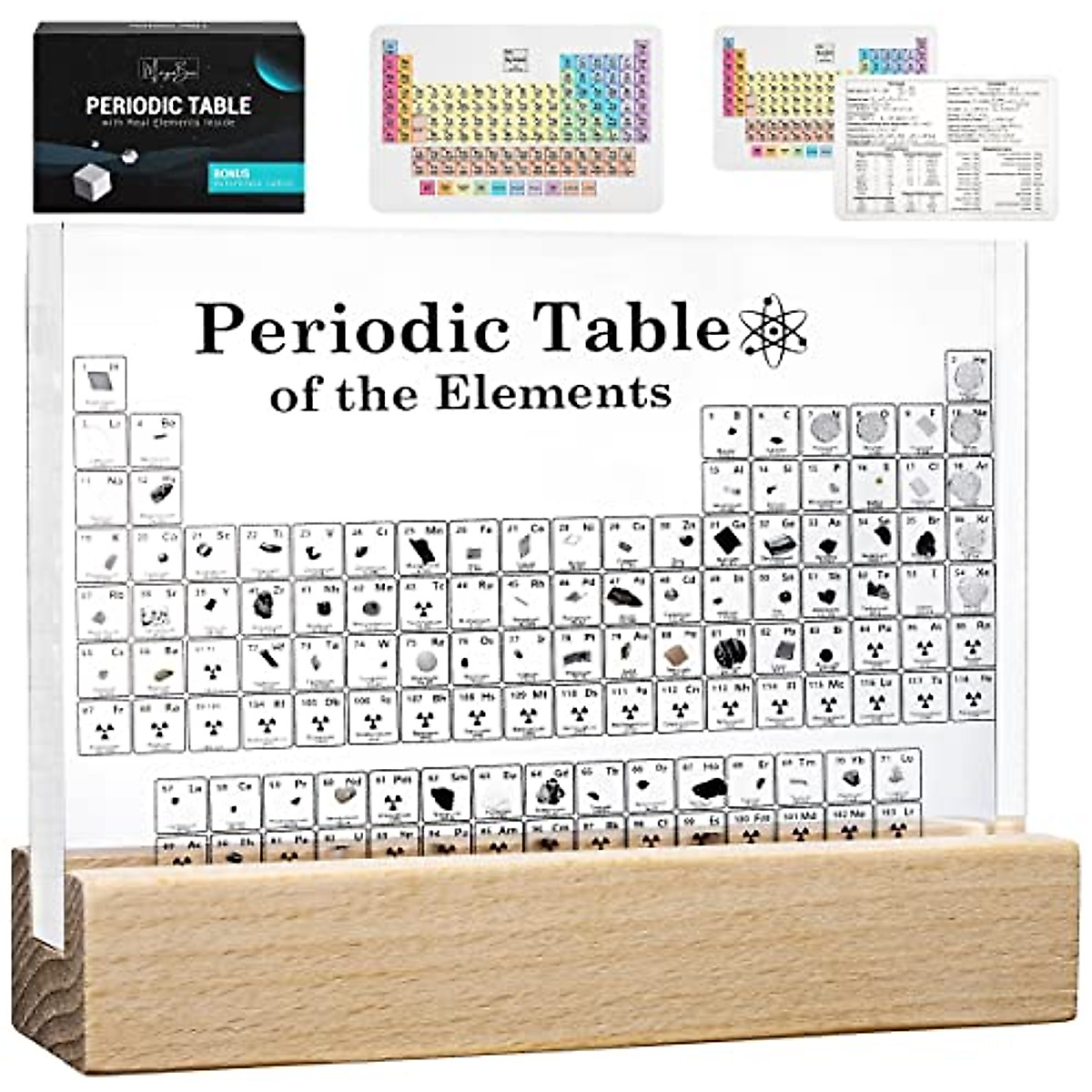 MegaBox Periodic Table Of Elements with 83 Real Elements, Acrylic Periodic Table Display With Wooden Stand, 6x Chemistry Formula Reference Cards, Science Teacher Gift Classroom Decoration