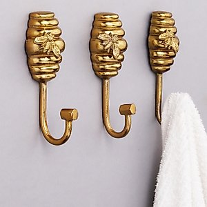 Indian Shelf 3 Pieces Decorative Gold Wall Hooks Vintage Kids Cute Towel Hooks Bee Hive Coat Hooks for Hanging Things, Purse, Bags, Backpack
