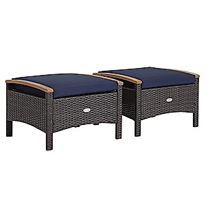 Tangkula 2 Piece Patio Rattan Ottomans, Outdoor Wicker Footstool w/Acacia Wood Handles, Soft Zippered Cushions, 3-in-1 Function Footstool Seat & Side Table for Backyard, Balcony, Poolside (Navy)