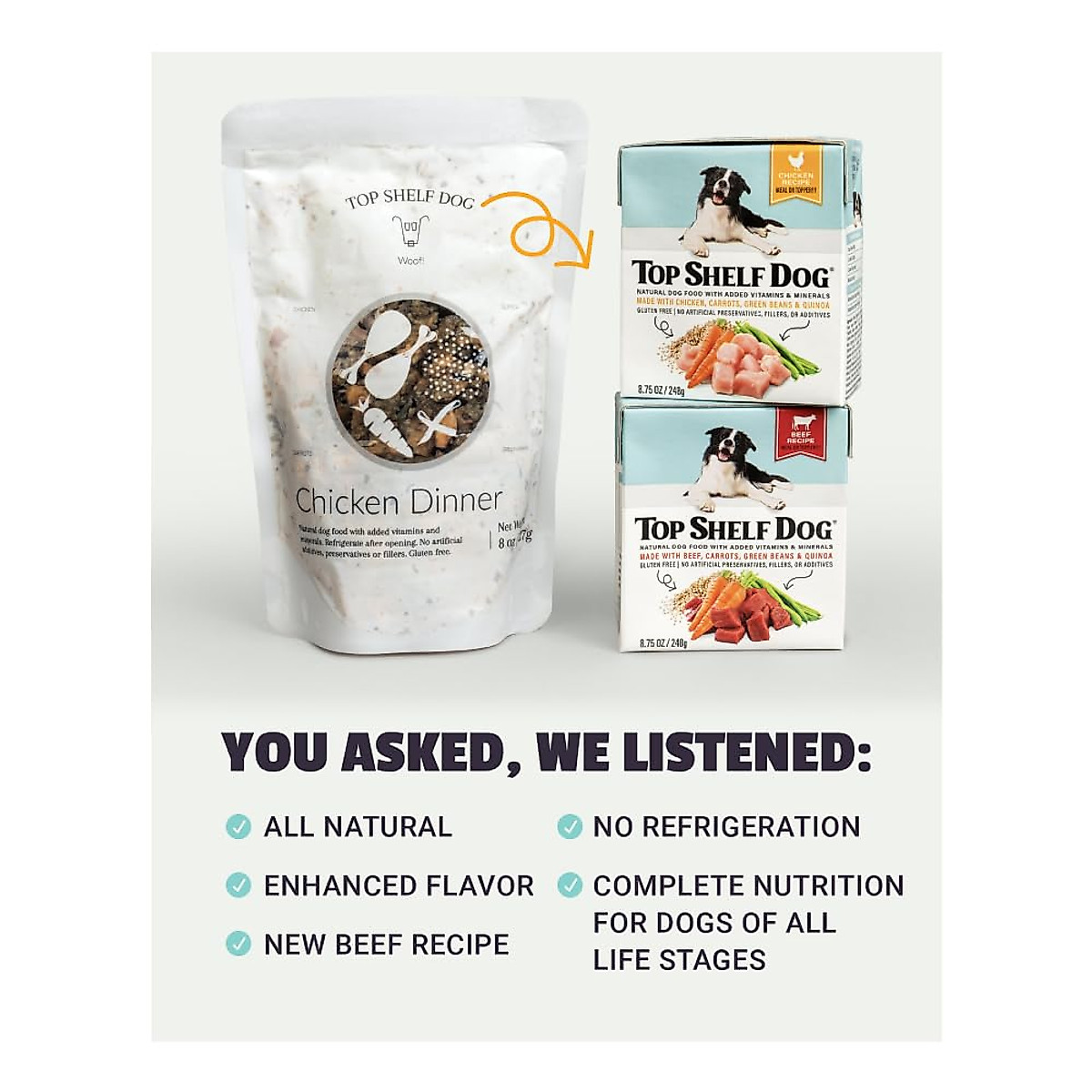 TOP SHELF DOG Chicken Dinner Meal I All Natural Fresh Human Grade Pre Made Dog Food Topper I Mixer, Treat, Additive for Nutrition for Picky Eaters, Puppies, Senior Dogs, Gluten Free (7 x 8oz Pouches)