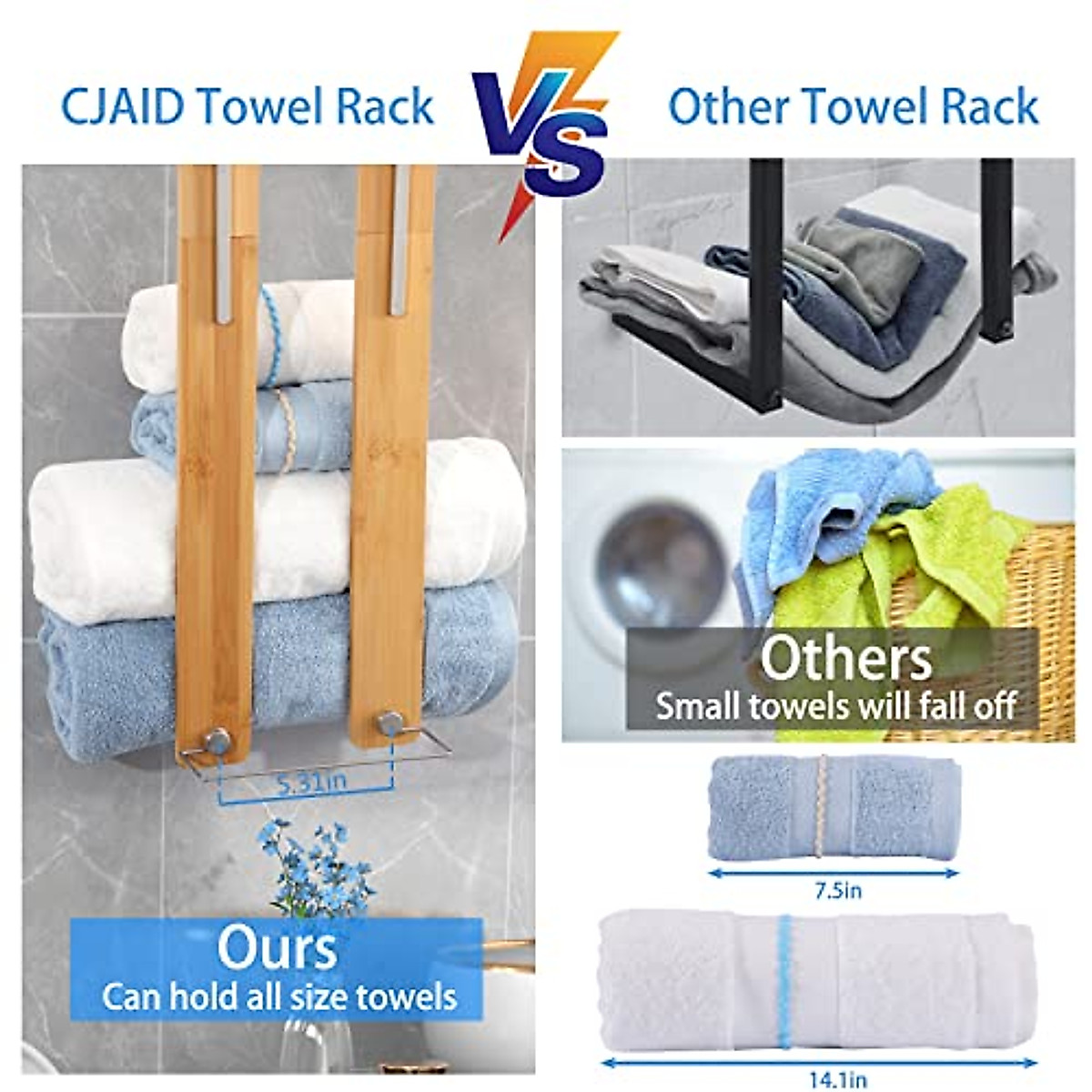CJAID Towel Racks for Bathroom Wall Mounted, Bamboo Towel Holders with Hooks, Large Capacity Bathroom Towel Storage, Bath Towel Holder, Wall Towel Storage Rack Shelf for Rolled Towels.