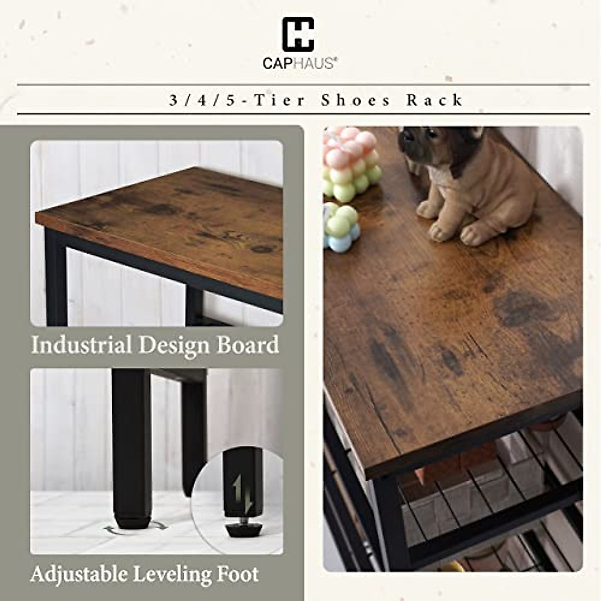 CAPHAUS 5-Tier Shoe Rack for Entryway, Industrial Shoe Storage Organizer, Large Shoe Shelf with Wood Board and Metal Mesh Shelves, Storage Table for Hallway, Living Room, Bedroom, Closet, Rustic Oak