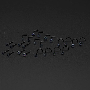 Pierstyles 20G 18G Nose Rings Studs Stainless Steel Nose Rings for Women Men Round CZ Nose Bone L Shaped Screw Nose Stud Ring Set Nostril Piercing Jewelry Silver Gold Black