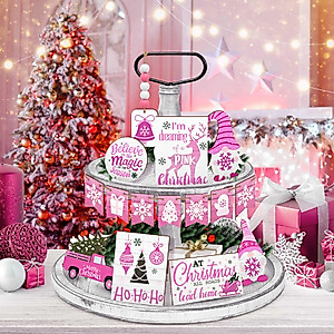 VIDELLY Christmas Tiered Tray Decor Set, 15 Pieces Wood Rustic Farmhouse Table Decor Pink Gnome Elk Snowflakes Bell Christmas Decorations