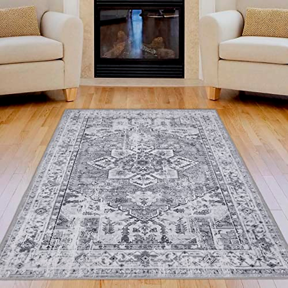 Lbris Washable Area Rug,Non Slip Stain Resistant 3x5 Vintage Grey Area Rug with Rubber Backing, Extra Soft Non Shedding Floor Carpet for Livingroom Bedroom Kitchen,Non Skid Durable Entry Rug