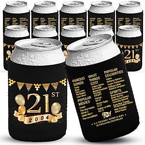 21st Birthday Can Cooler Sleeves Pack of 12- 21st Anniversary Decorations- 2002 Sign - 21st Birthday Party Supplies - Black and Gold the Twenty-First Birthday Cup Coolers