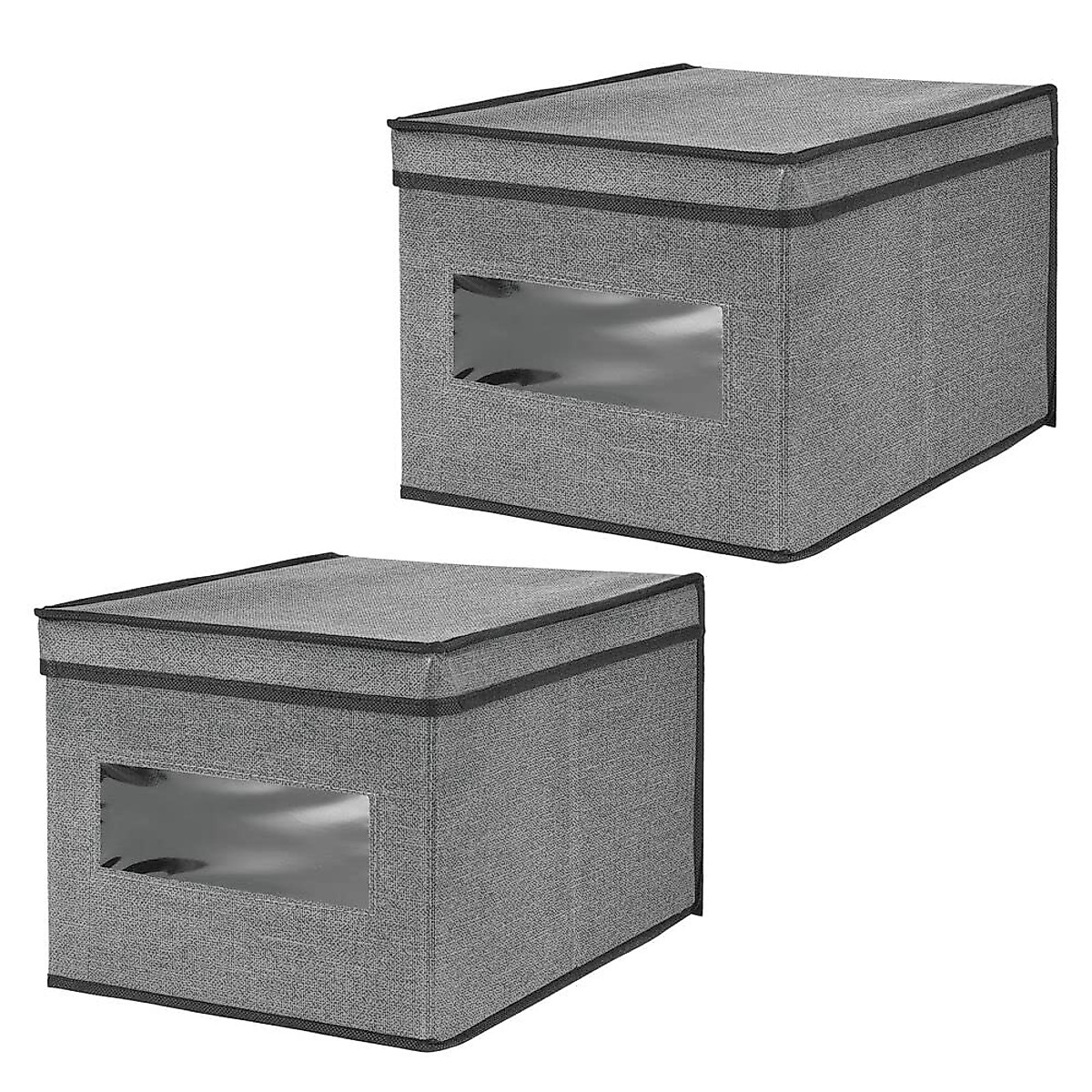 mDesign Large Fabric Stackable Closet Organizer Box with Clear Window/Lid for Bedroom, Office, Bathroom, Mudroom Organization - Shoe, Sweater, Clothes Storage, Lido Collection, 2 Pack, Dark Gray/Black
