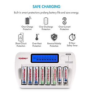 Tenergy AA AAA Rechargeable Battery and Charger Combo TN162 8-Bay Smart LCD AA/AAA NiMH/NiCd Charger + 8 AA & 8 AAA NiMH Rechargeable Batteries