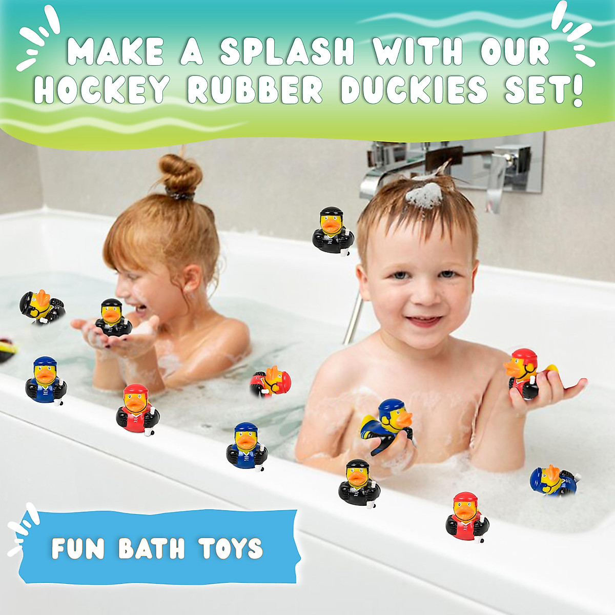 Sports-Themed Rubber Duckies - Rubber Ducky Bath Toy Set, 2" Hockey, Baseball, Football, Basketball, and Soccer Mini Rubber Ducks - Durable Mini Ducks for Kids of All (Hockey - Pack of 12)