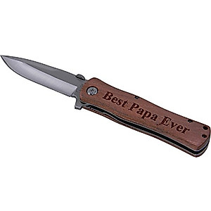 Best Papa Ever Folding Stainless Steel Pocket Knife, (Wood Handle