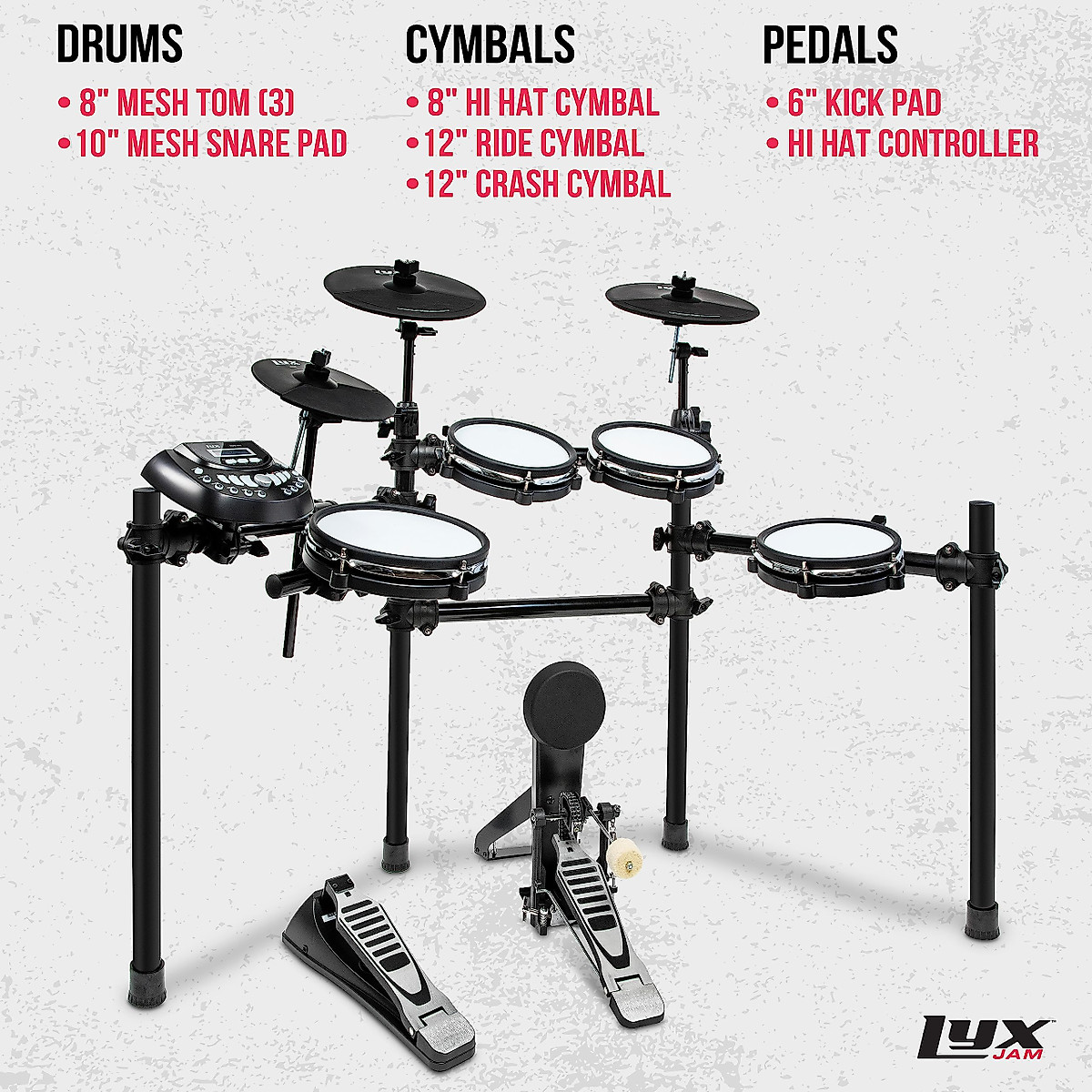 LyxJam 8-Piece Electronic Drum Kit, Professional Drum Set with Real Mesh Fabric, 448 Preloaded Sounds, 70 Songs, 15-Song Recording Capacity, Choke,Rim,Edge Capability & Kick Pad, Drum Sticks Included