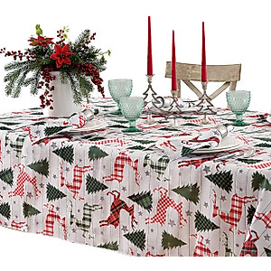 Newbridge Merry Reindeer Prance Country Rustic Christmas Fabric Tablecloth, Fun Cottage Reindeer and Xmas Tree Plaid Easy Care Holiday Tablecloth, 52” x 52” Square