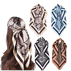 upeilxd 4Pcs Silk Head Scarves for Women Satin Hair Scarf 35”Large Square Bandana Silk Like Neck Scarf Shawl (Blue/Coffee/Beige/Black)