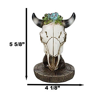 Ebros Gift Southwest Aged Bone Bull Cow Steer Head Skull with Floral Succulents Sculpture On Round Wooden Slice Base As Bisons Steers Cows Fossil Faux Taxidermy Rustic Western Decor Sculpture