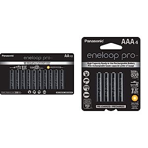 Eneloop Panasonic Pro Ni-MH AA Batteries BK-3HCCA12FA 12pk & Ni-MH AAA Batteries BK-4HCCA4BA 1.2V 4pk Rechargeable