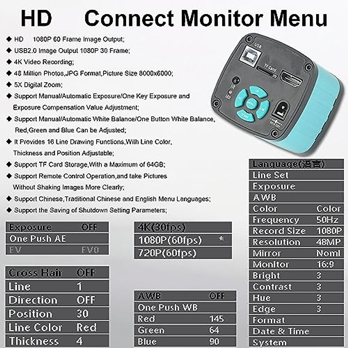 Microscope Camera, 130X 1080P Optical Power 0.1X to 2X Lightweight Microscope 100‑240VAC for Home (US Plug)