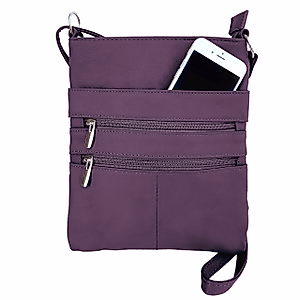 Roma Leathers Mini Body Purse - Multi Pocket Double Zipper Cross Body Handbag - Premium Purple Leather - Adjustable Shoulder Strap - Convenient Travel Bag - Designed in the U.S.A.