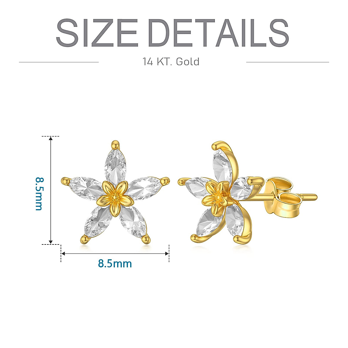 14K Real Solid Gold Crystal Flower Stud Earrings for Women Gifts for Her Screw Back Floral Sutd Earrings 8.5mm